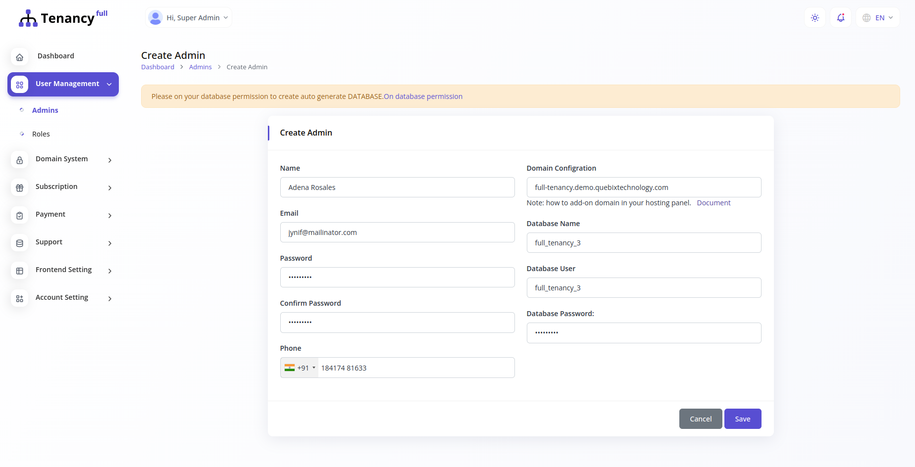 Documentation | Full Tenancy - Domains, Database, Users, Role ...